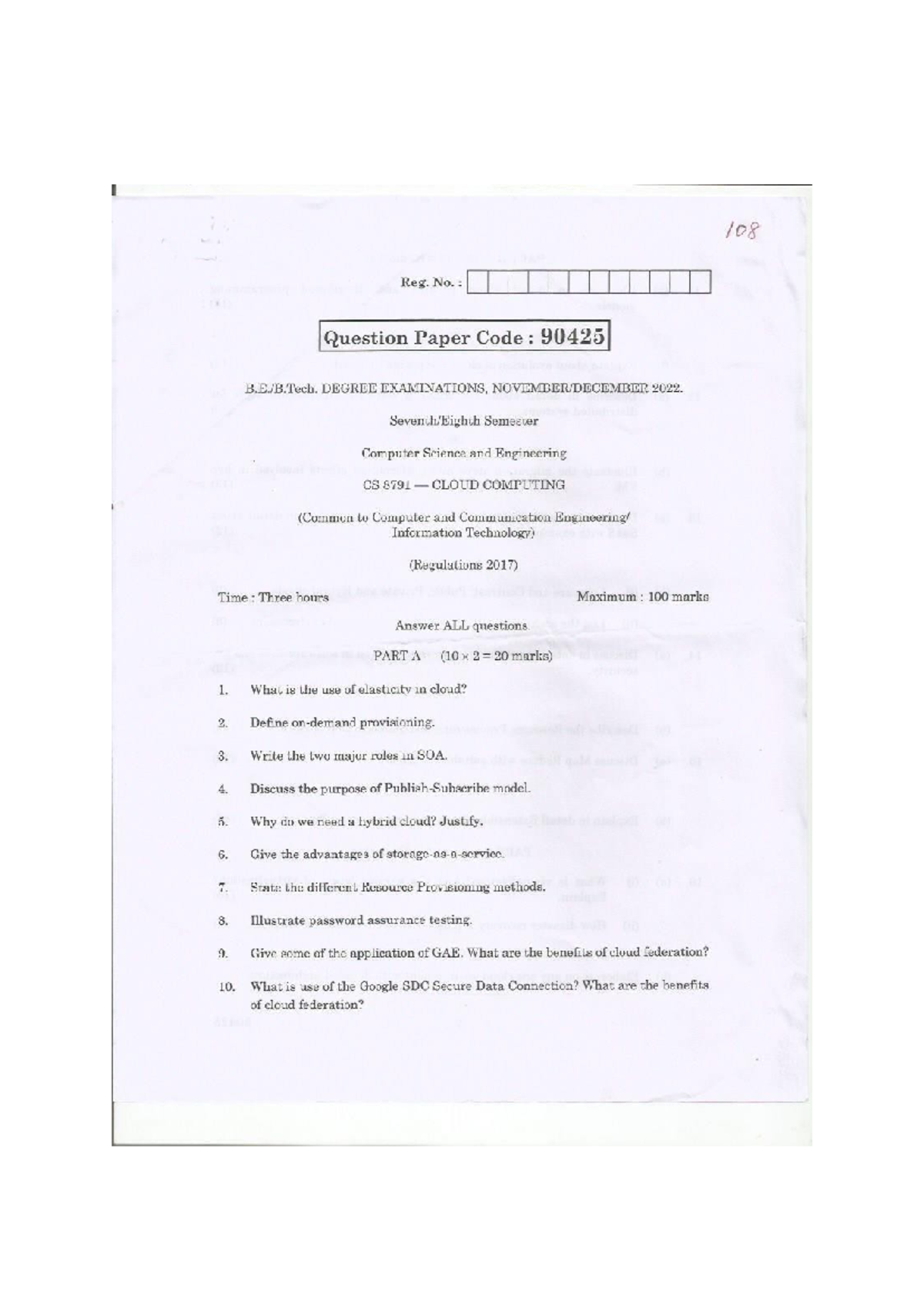 CS 8791 Cloud Computing previous question paper - 108 Reg. No. : Question Paper Code : 90425 ...
