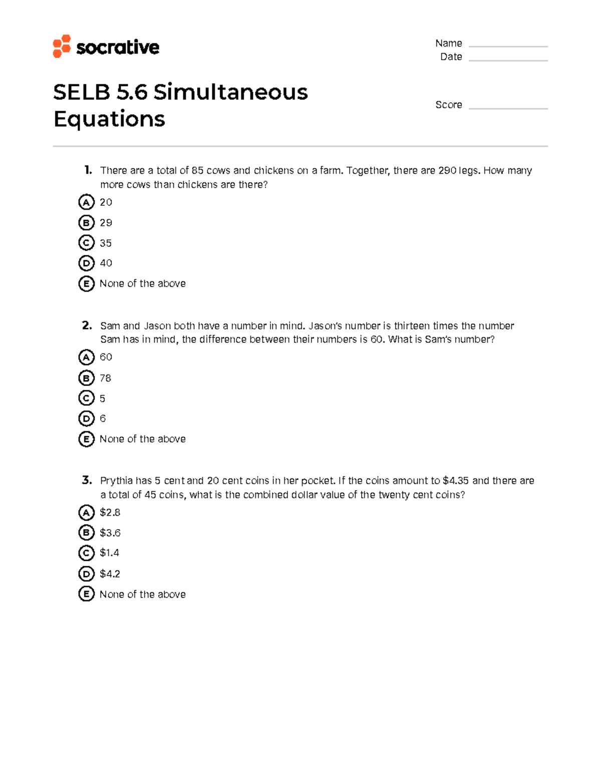 Quiz SELB 5 - Simultaneous Equations Practice Problems - Studocu