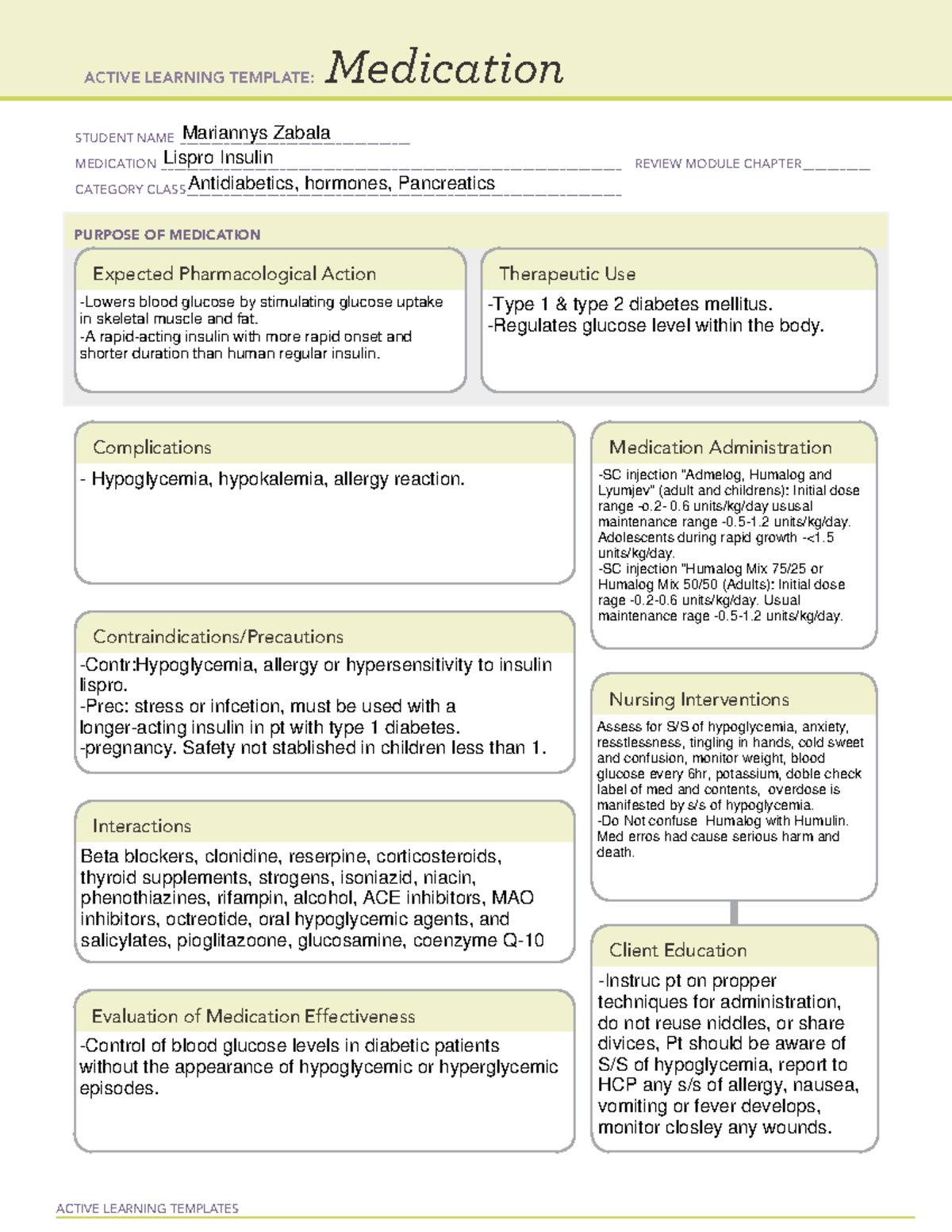 ATIMedication Template: Lispro Insulin Active Learning Guide - Studocu