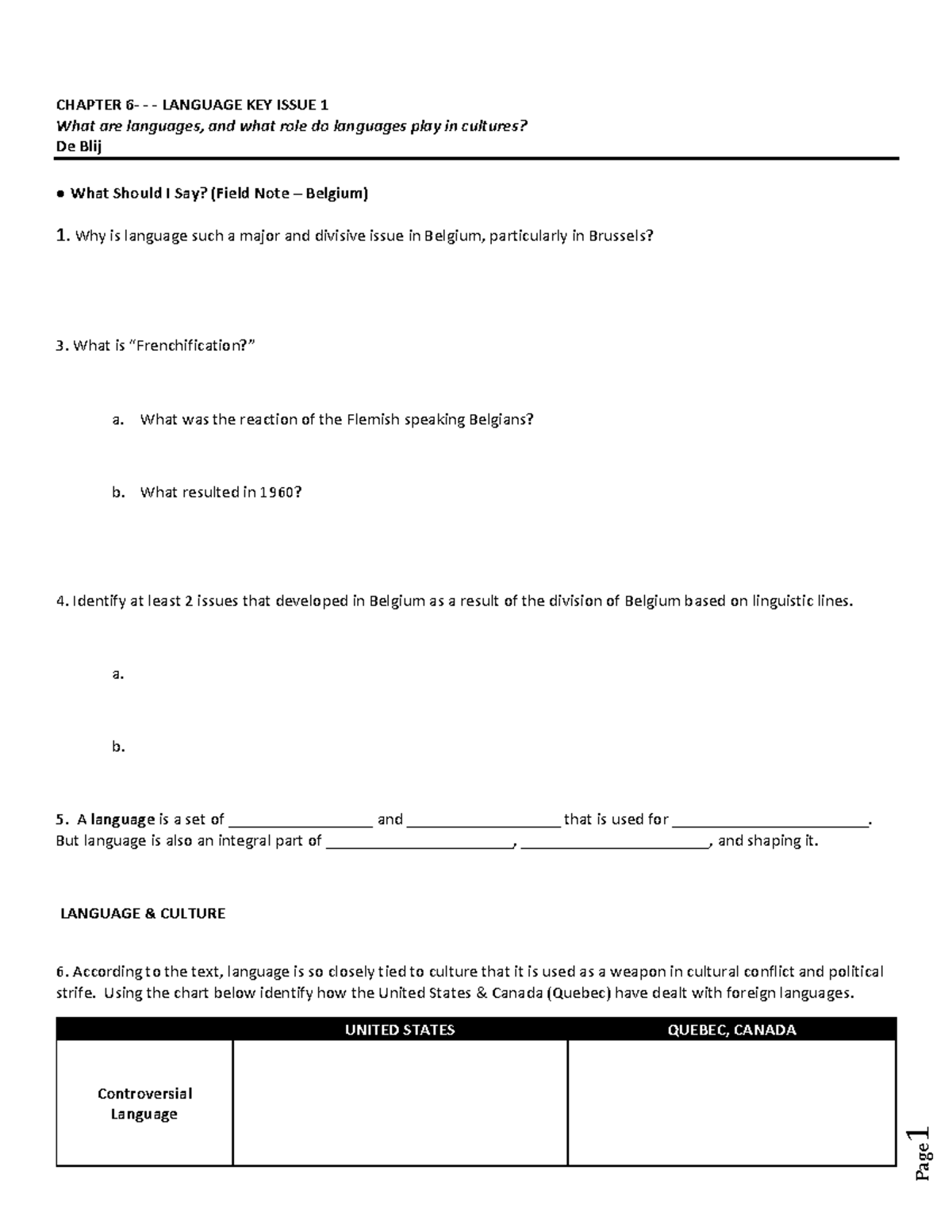Chapter 6 study guide - 1 CHAPTER 6 - LANGUAGE KEY ISSUE 1 What are languages, and what role do ...