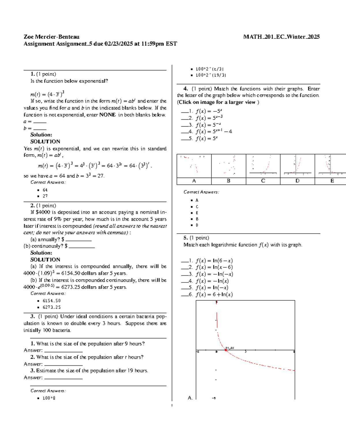 MATH 201 EC Winter 2025: Assignment 5 Solutions and Analysis - Studocu