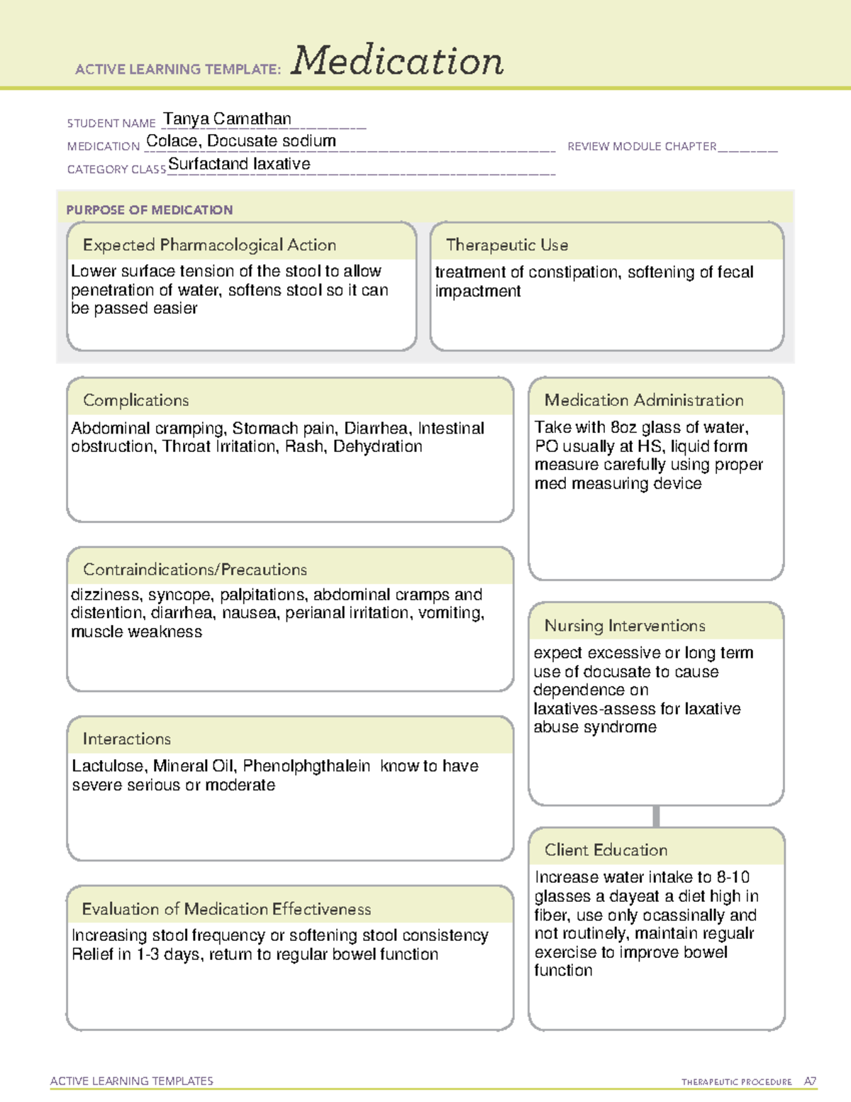 Colace (Docusate Sodium) Medication Card: Active Learning Template ...