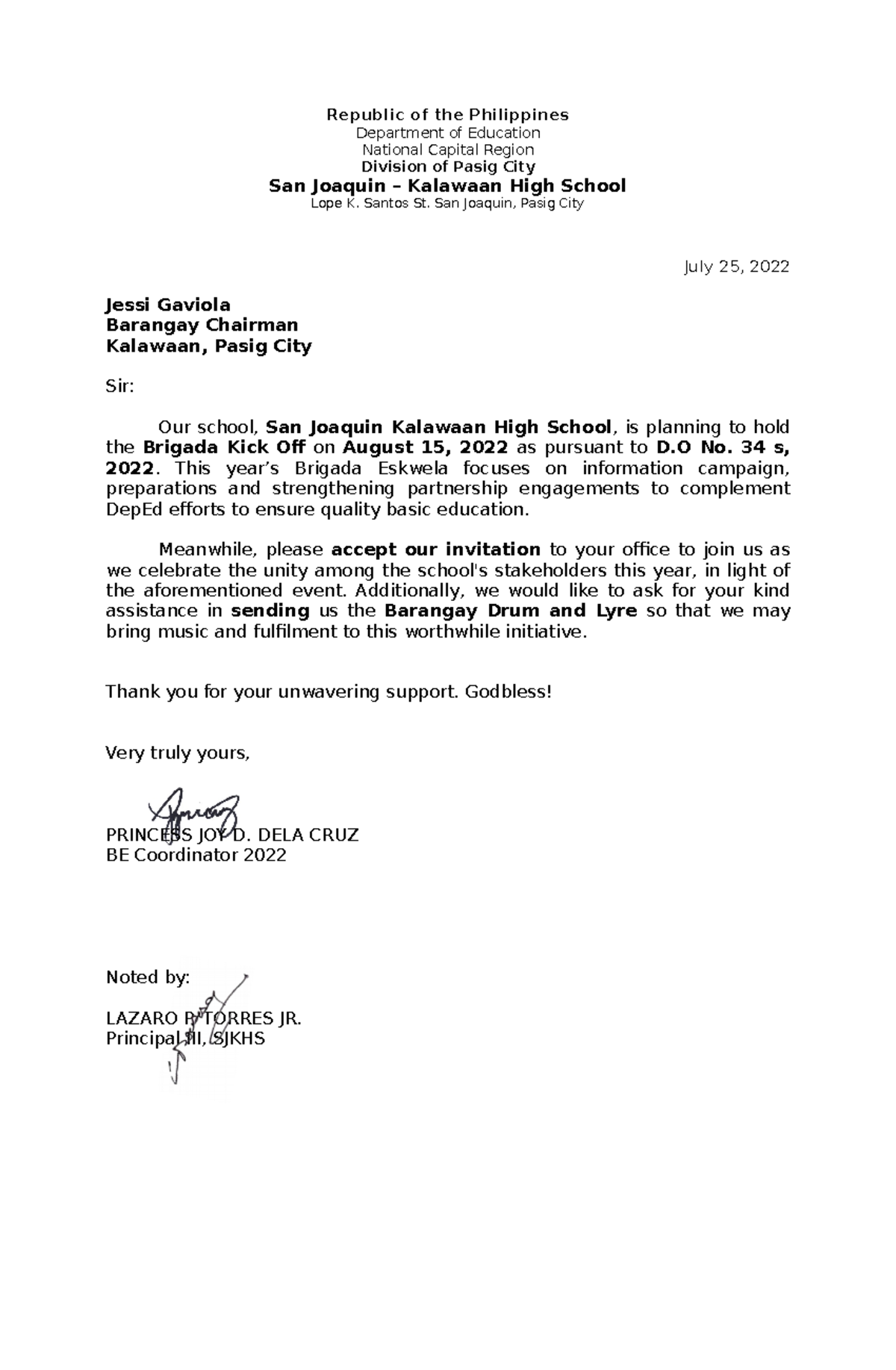 Request Letter for Barangay Drum and Lyre Support - Studocu