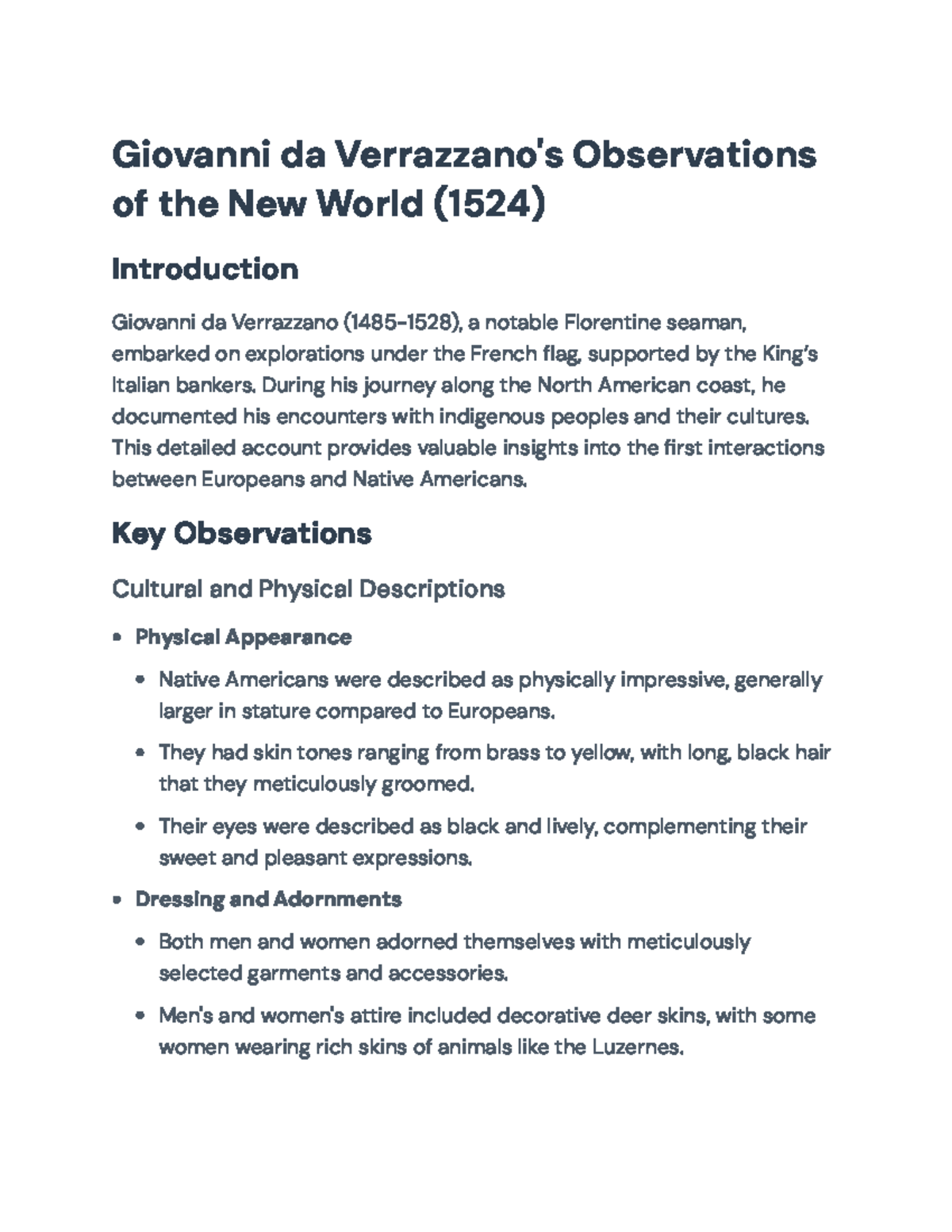 Giovanni da Verrazzano's 1524 Observations of Native American Cultures ...