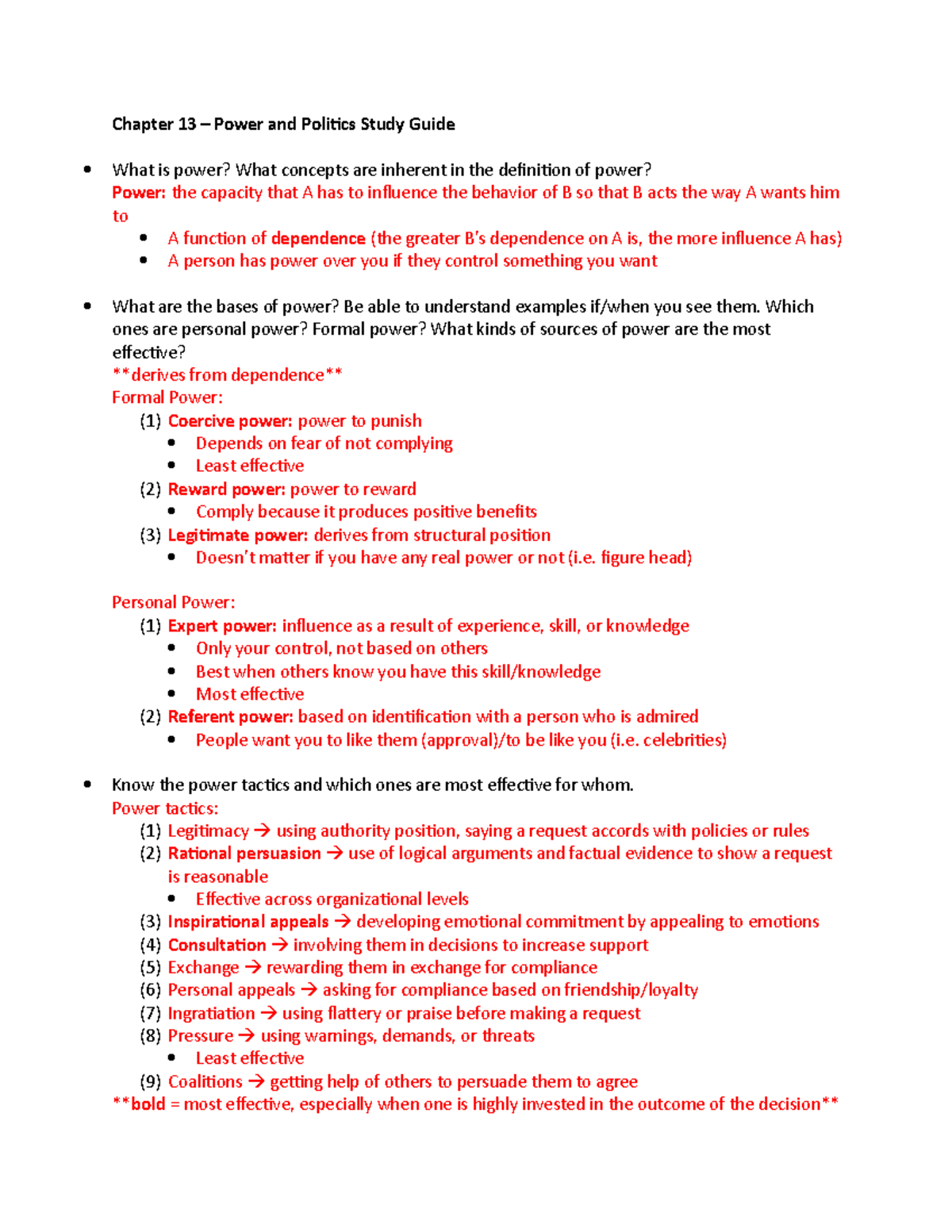 Chapter 13 – Power and Politics - Chapter 13 – Power and Politics Study ...