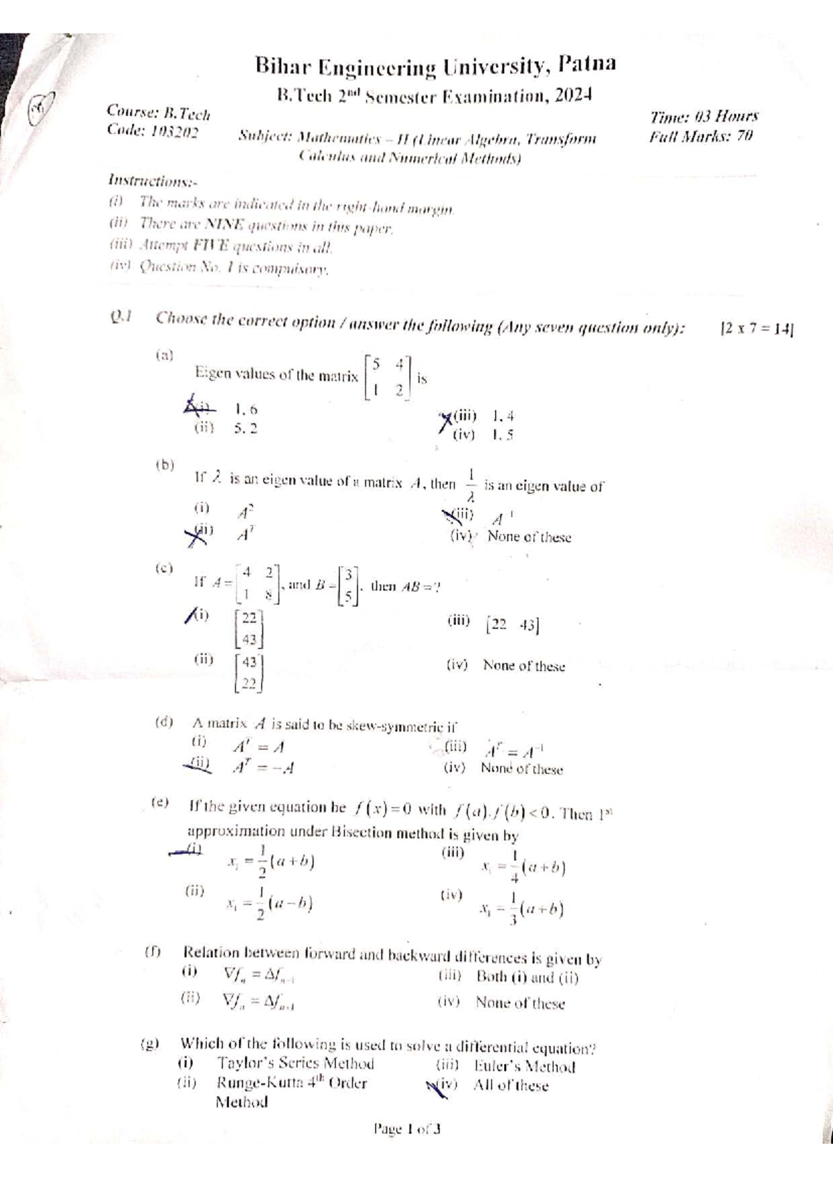 BEU B. Tech 2nd Sem Mathematics II (103202) 2024 Previous Year Ques ...