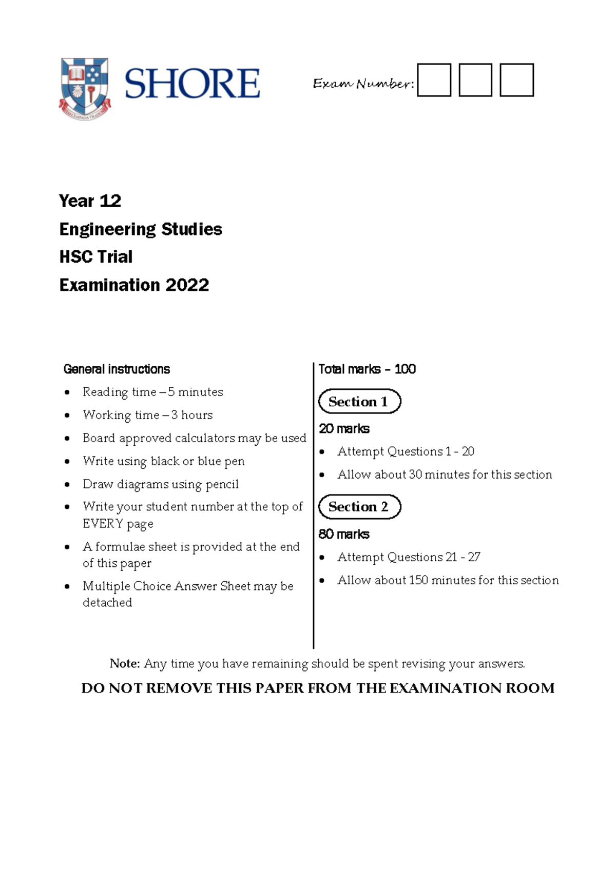 HSC Trial 2022 Engineering Studies Exam Instructions - Studocu