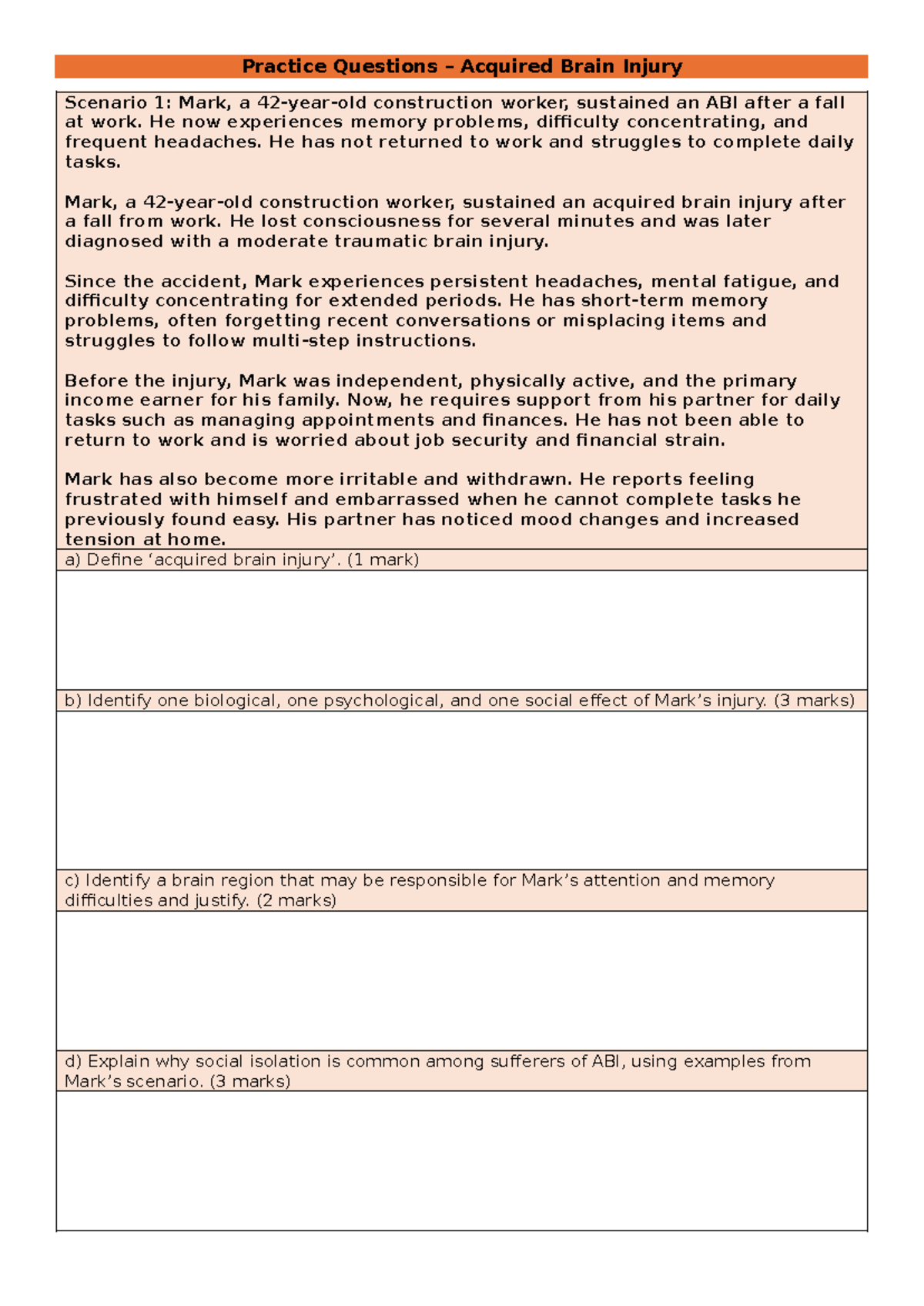 ABI Practice Questions: Acquired Brain Injury Scenarios and Effects ...