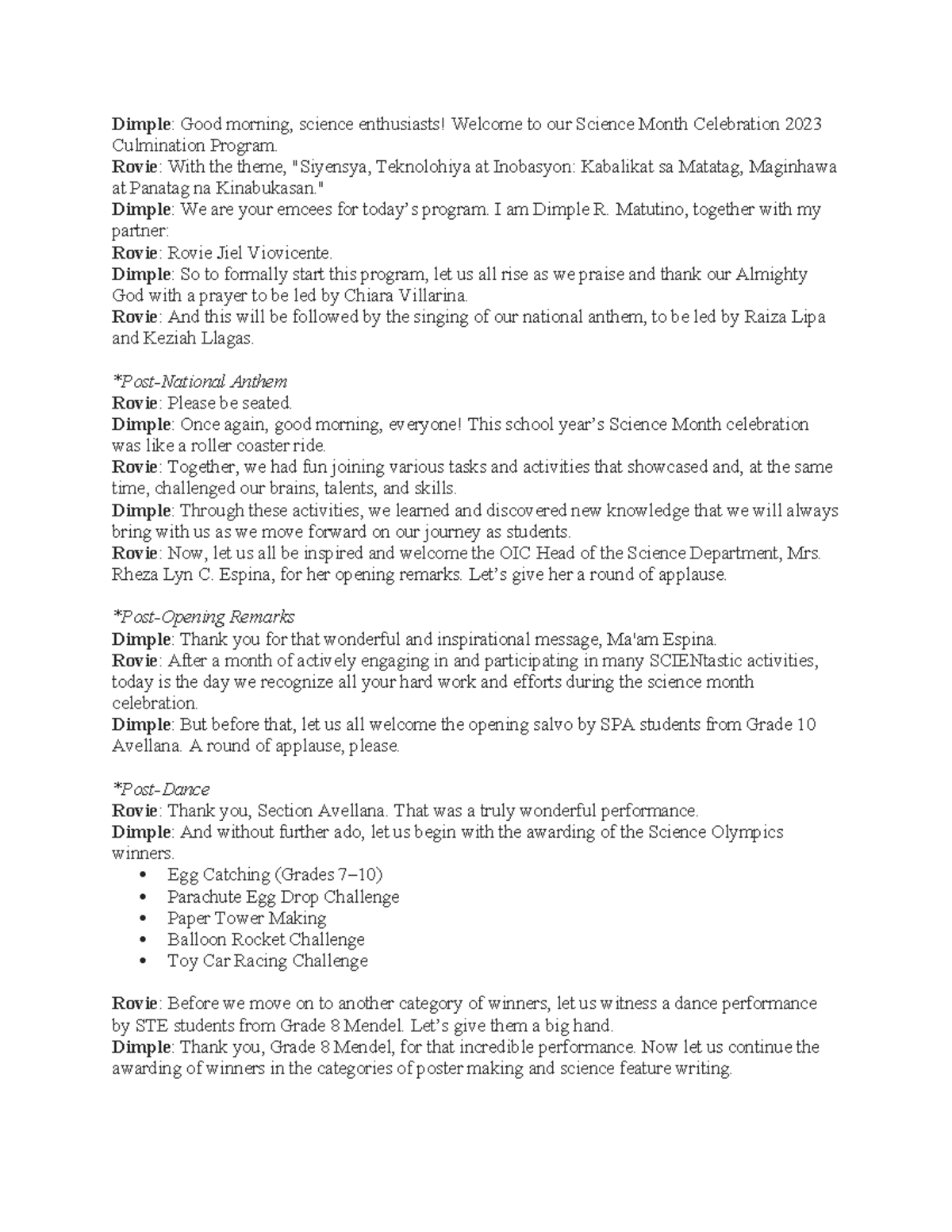 Emcee Script for Science Month Celebration 2023 - FFG - Studocu