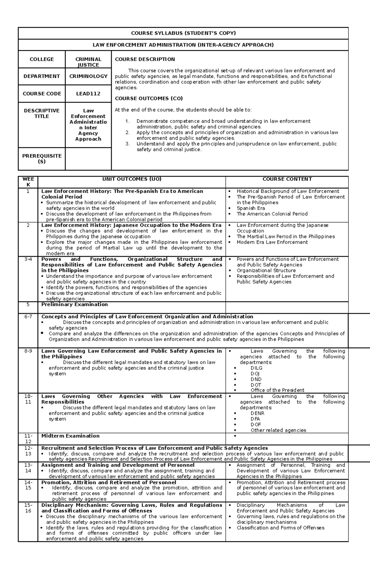 LEA Law Enforcement Administration: Inter-Agency Approach Syllabus ...
