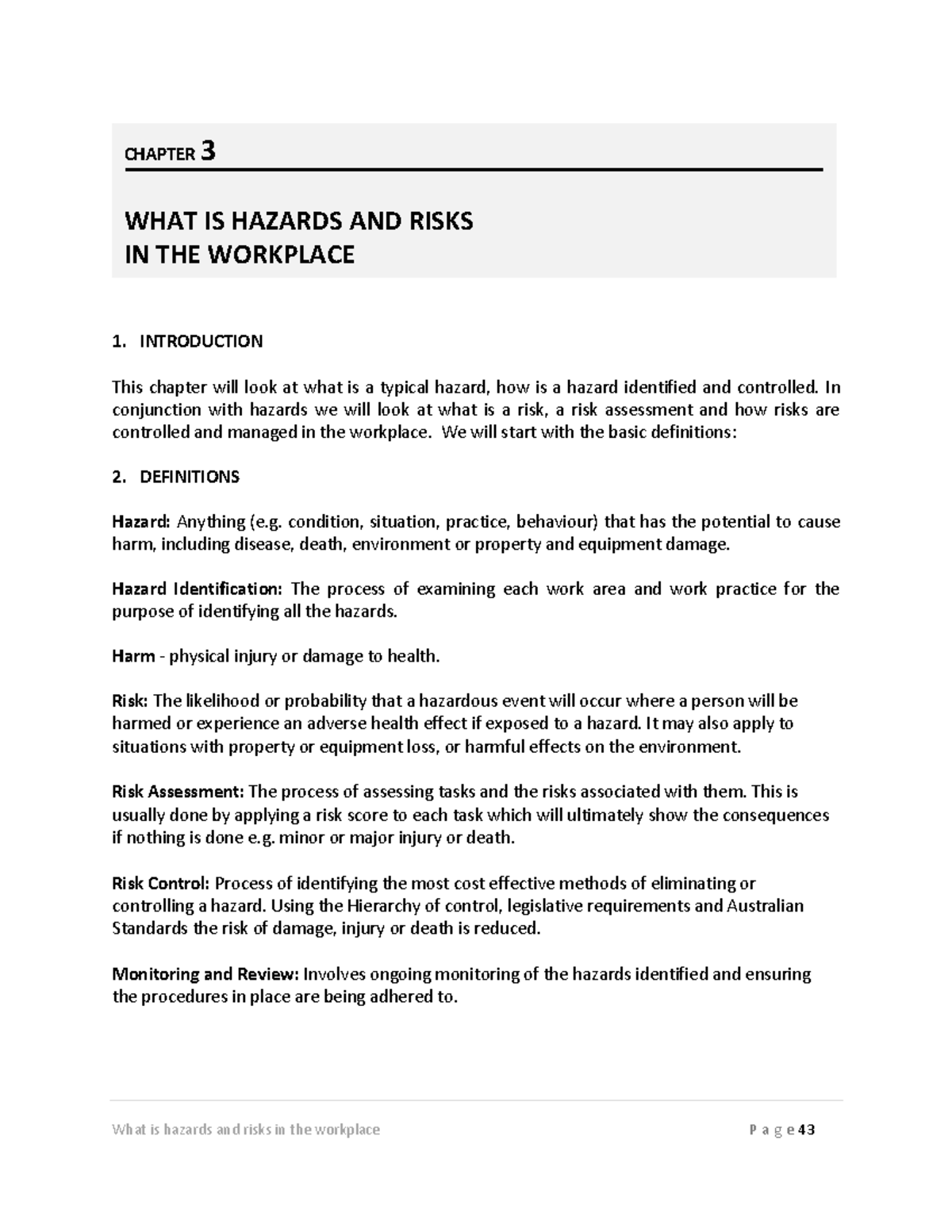 Chapter 3 - Understanding Workplace Hazards and Risk Management - Studocu