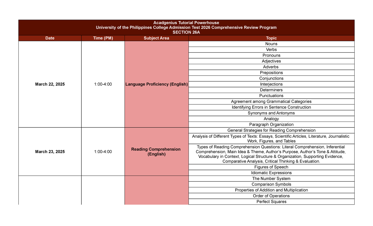 Acadgenius Online Tutorial Services - UPCAT 2026 Review Schedule (Sec ...