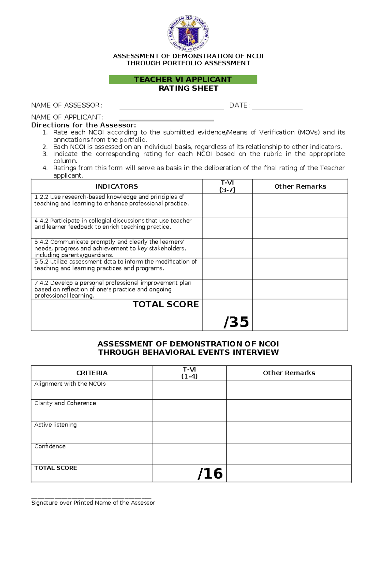 NCOI Assessment Rating Sheet for Teacher VI Applicants - Studocu