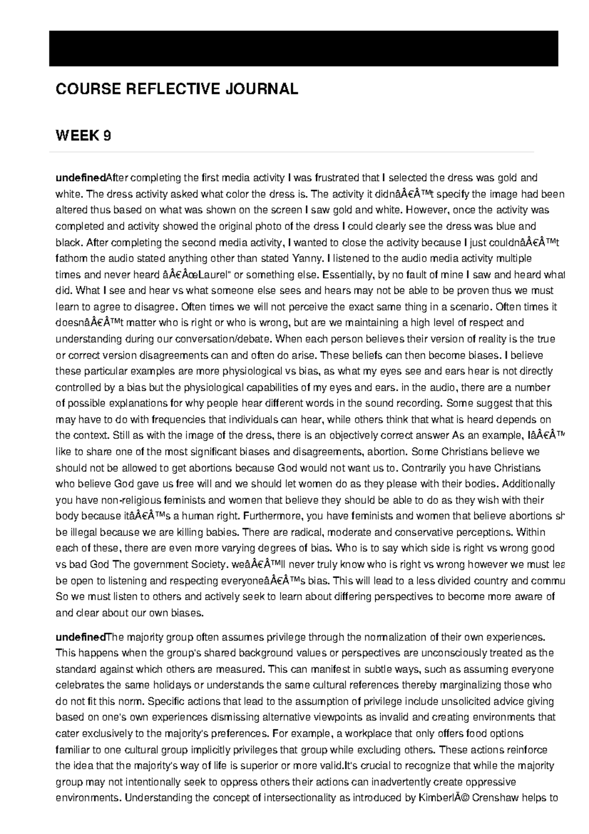 SWK2002 Reflective Journal: Week 9 Insights on Perception and Bias ...