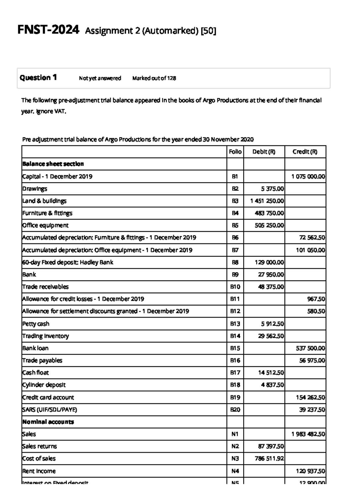 FNST-2024 Assignment 2: Pre-Adjustment Trial Balance Analysis - Studocu