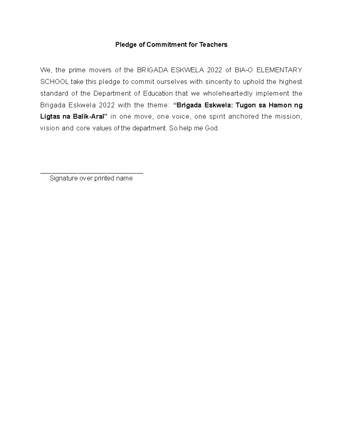 Pledge of Commitment for Teachers & Volunteers in Brigada Eskwela 2022 ...