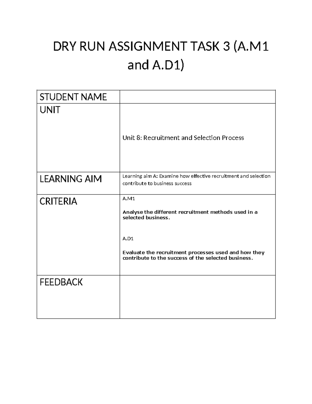 Unit 8: Recruitment & Selection Process Analysis (M1 & D1) - Studocu