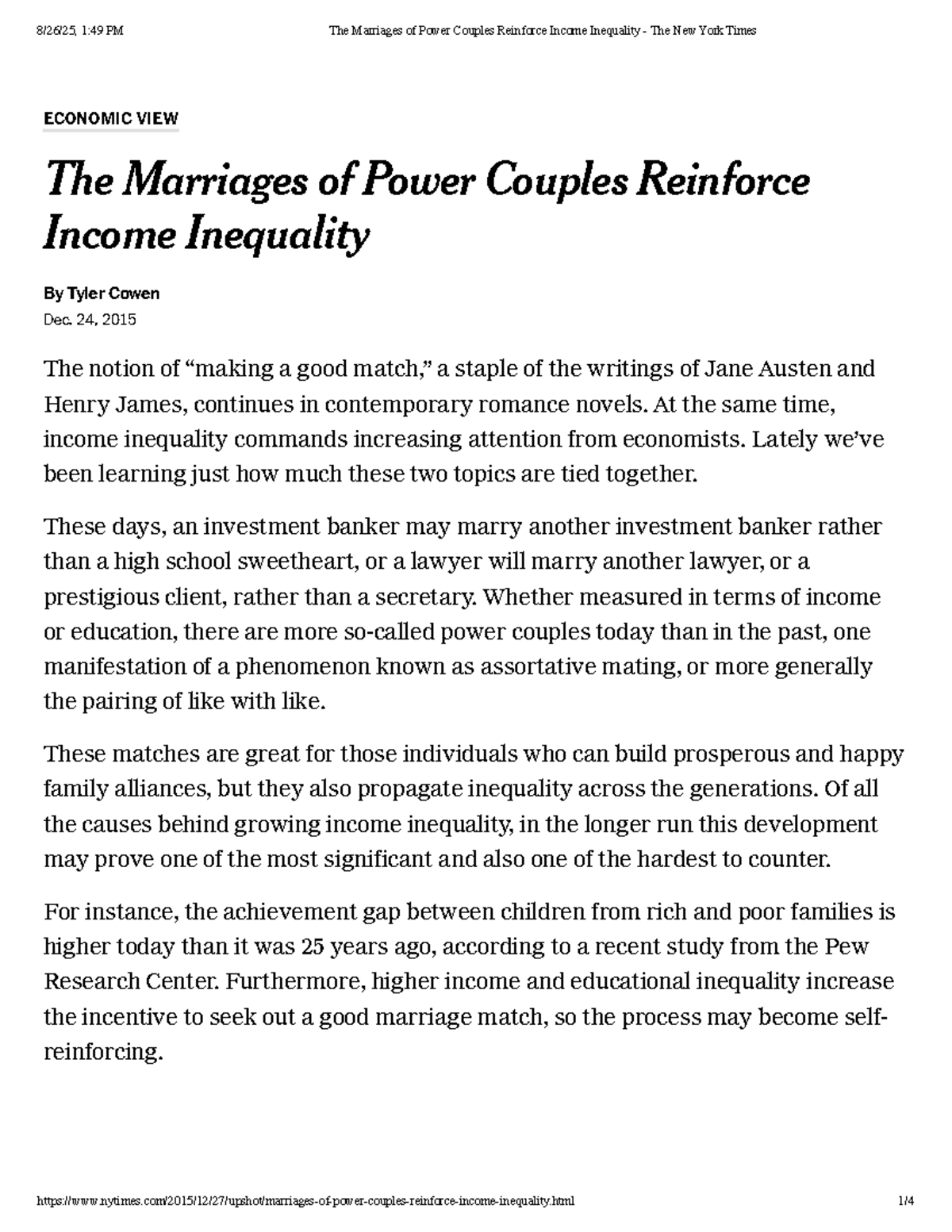The Marriages of Power Couples and Income Inequality: An Analysis - Studocu