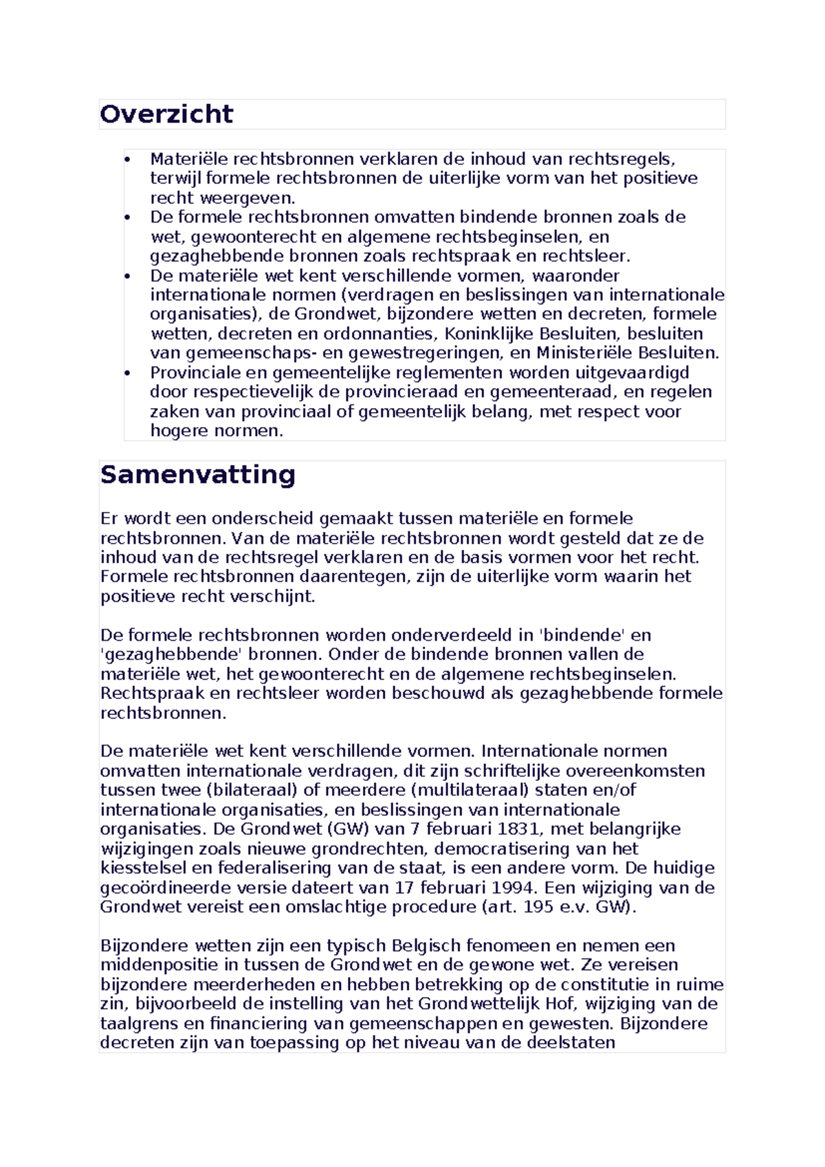 Samenvatting HC 2: Materiële en Formele Rechtsbronnen in België - Studocu