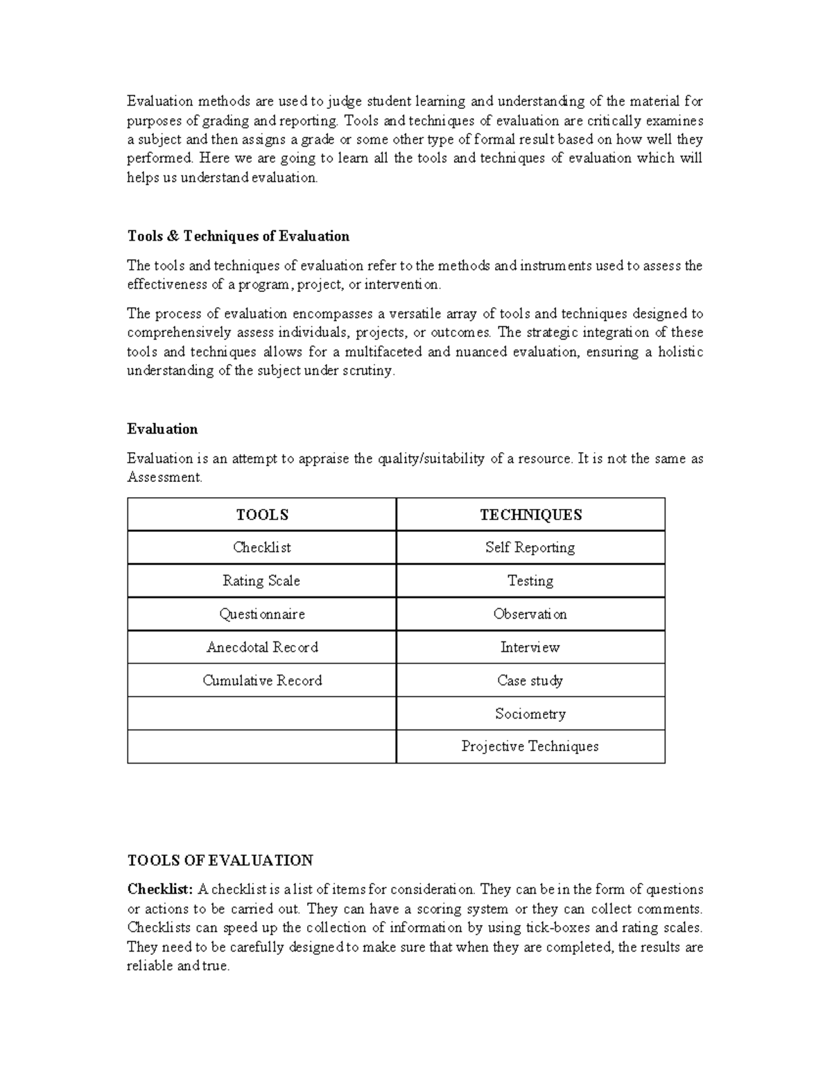 Comprehensive Guide to Evaluation Tools & Techniques - Studocu