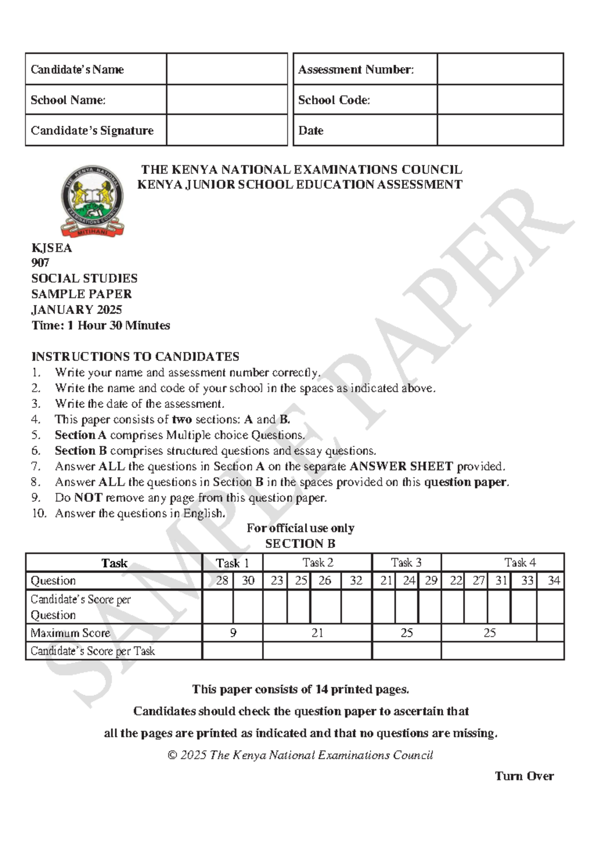 KJSEA 907 Social Studies Sample Paper - January 2025 - Studocu