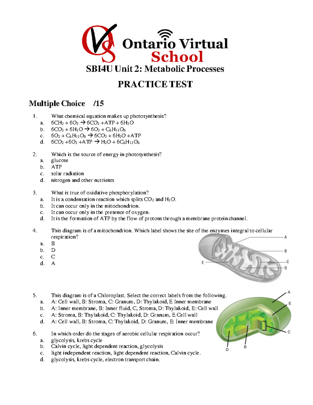 SBI4U Unit 2: Metabolic Processes Practice Test - Studocu
