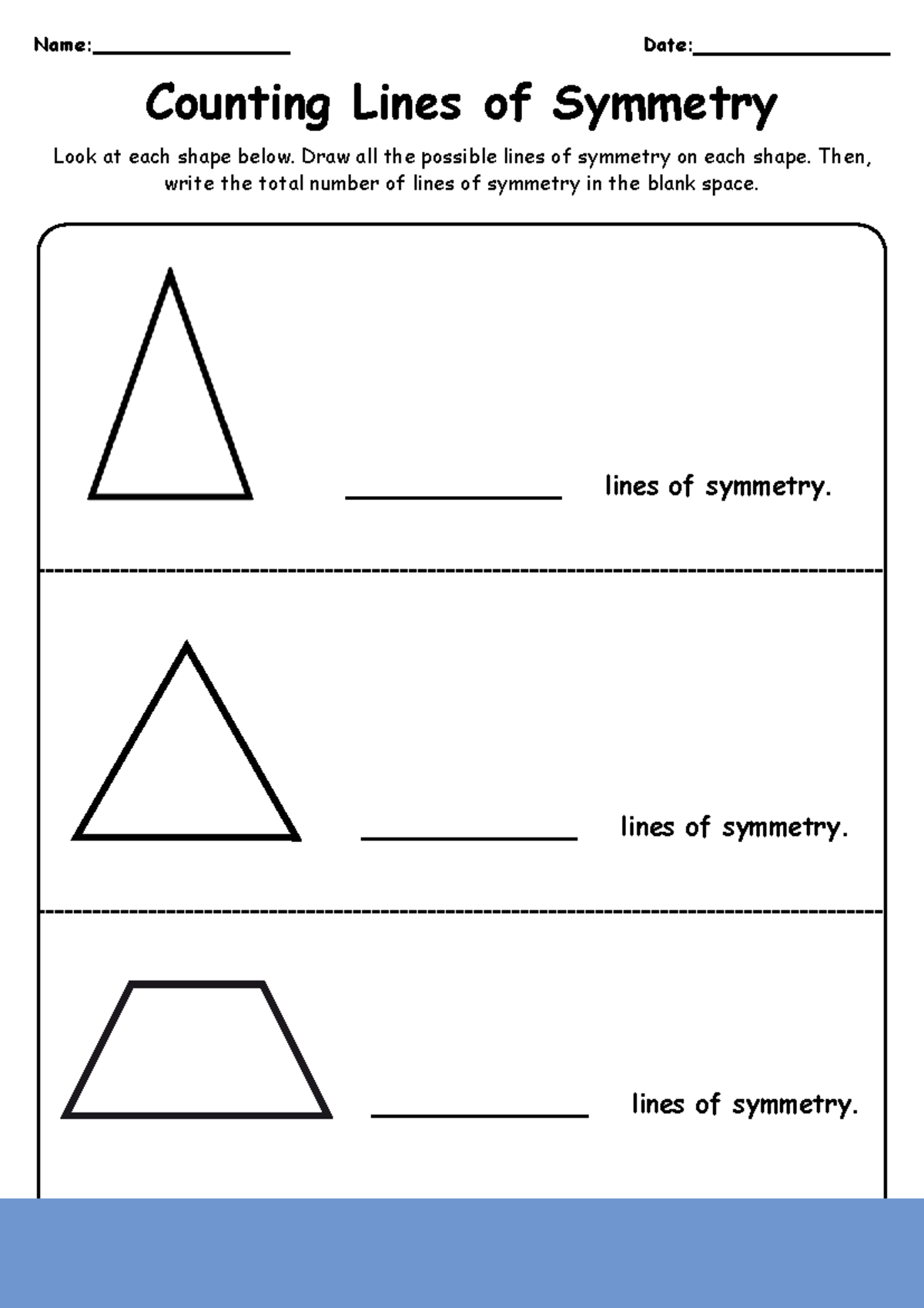 Counting Lines of Symmetry - 4th Grade Worksheet - Name: Date: lines of ...
