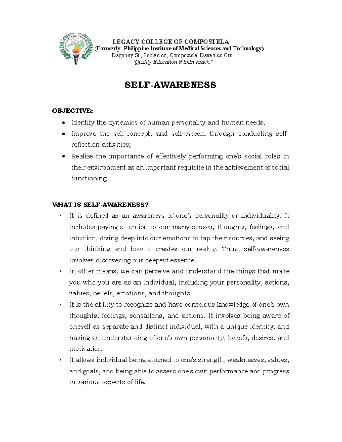 NSTP-2: Self-Awareness Lesson 1 - Understanding Personality Dynamics ...