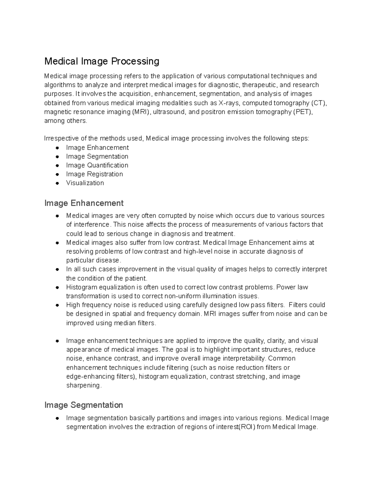 Medical Image Processing Techniques: Enhancements, Segmentation & Analysis - Studocu
