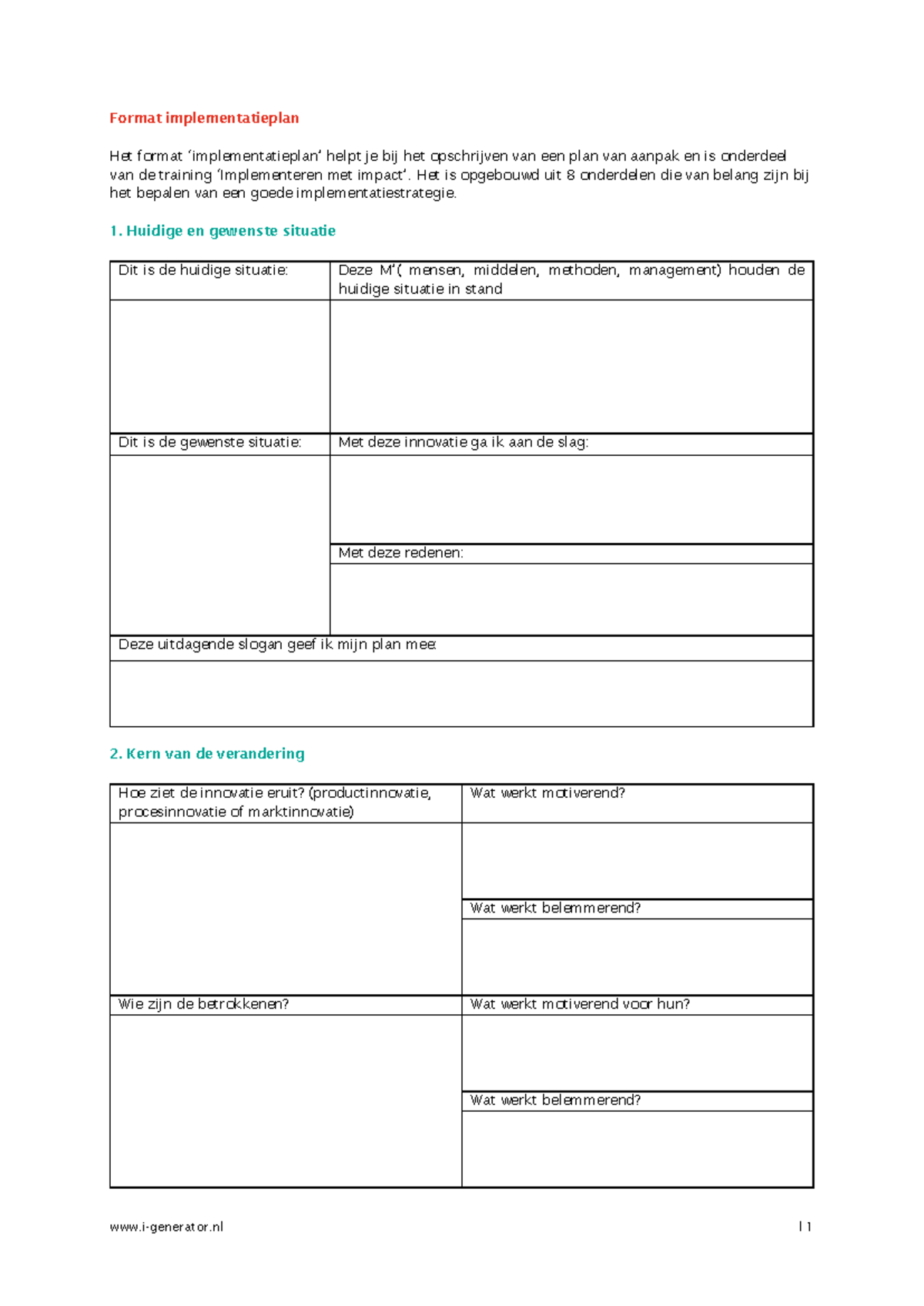 Implementatieplan Format voor 'Implementeren met impact' - Studeersnel