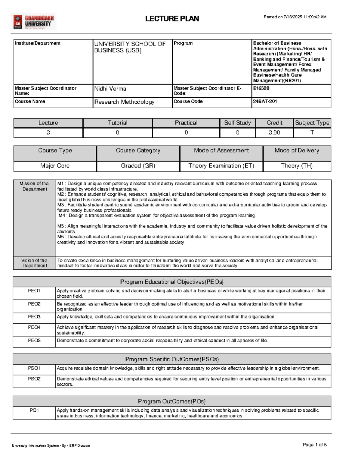 Lecture Plan for Research Methodology (BB201) - University School of ...