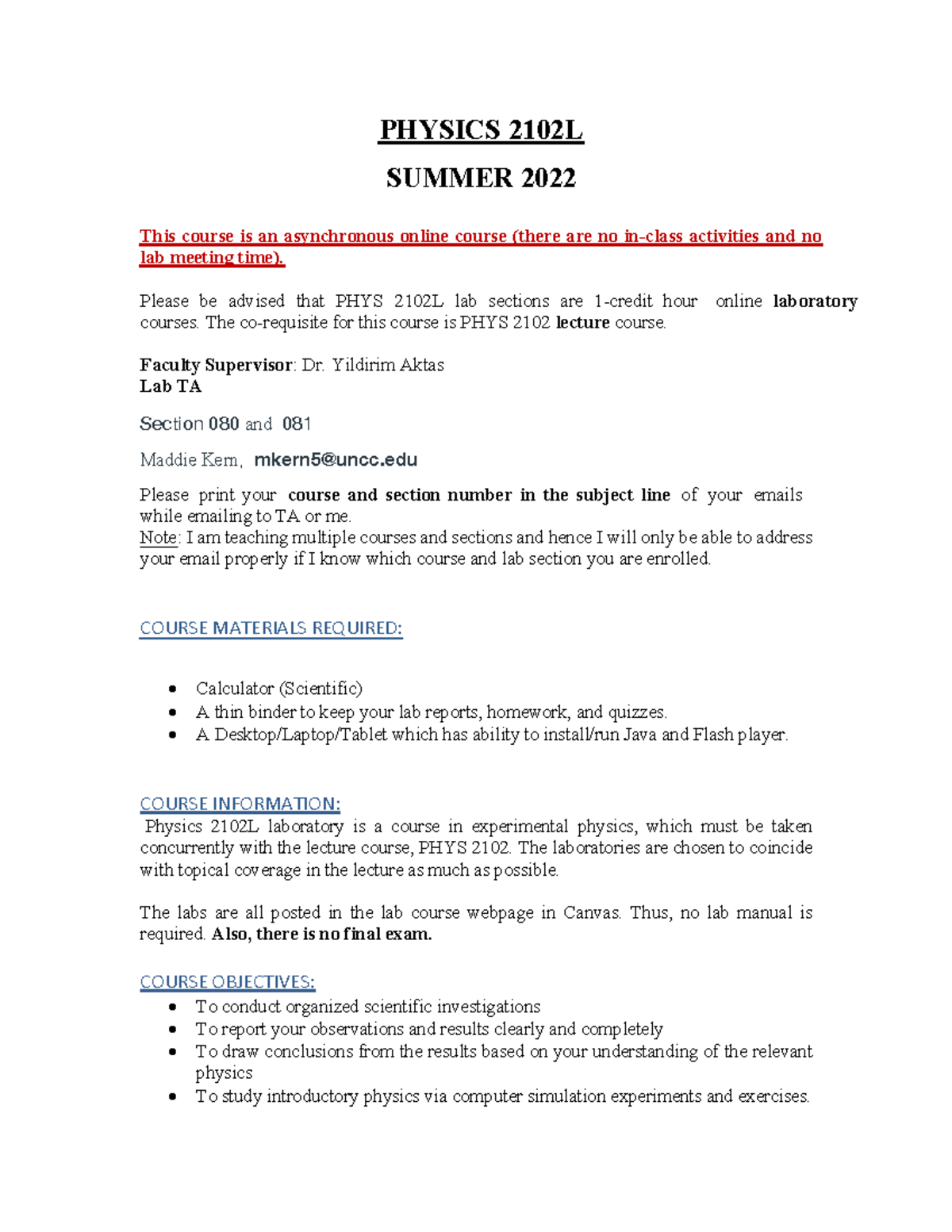 Physics 2102L Summer 2022 Online Lab Syllabus and Guidelines - Studocu