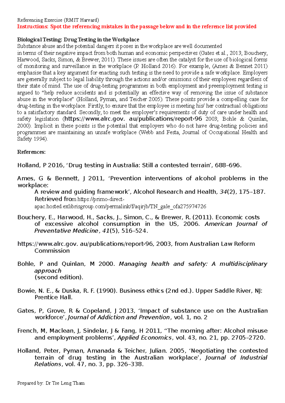 Referencing exercise (RMIT Harvard) worksheet - Referencing Exercise ...