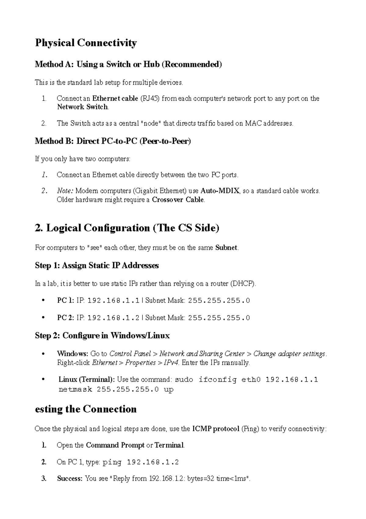 Computer Network Lab: Physical Connectivity Methods (CNET 101) - Studocu