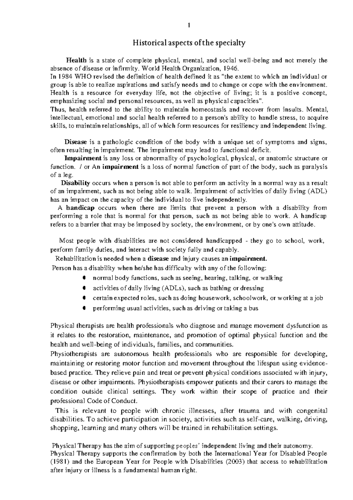 H1-Hand-outs 1&2: Historical Aspects of Health & Physical Therapy - Studocu