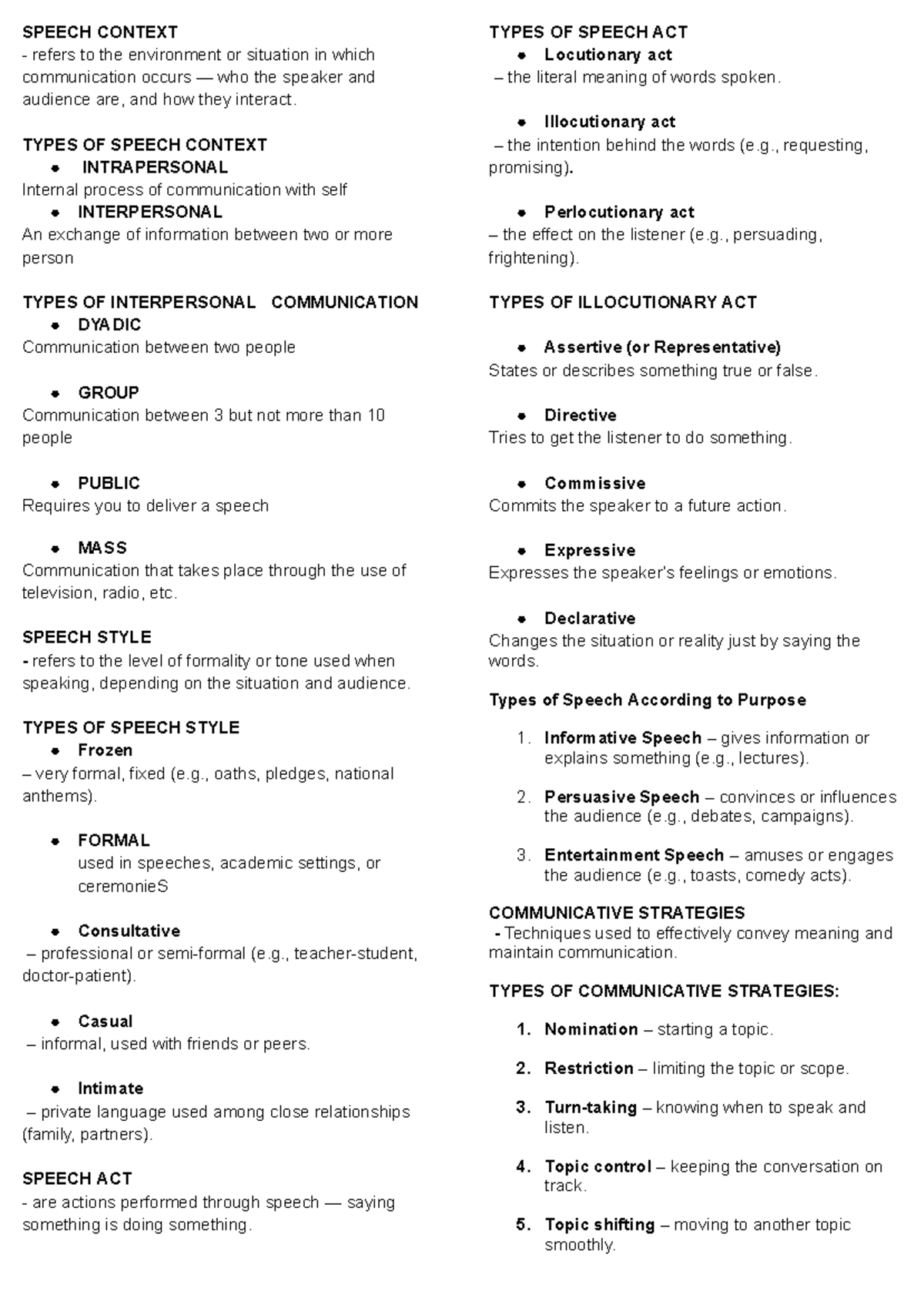SPEECH CONTEXT: Types and Strategies for Oral Communication (2nd Qtr) - Studocu