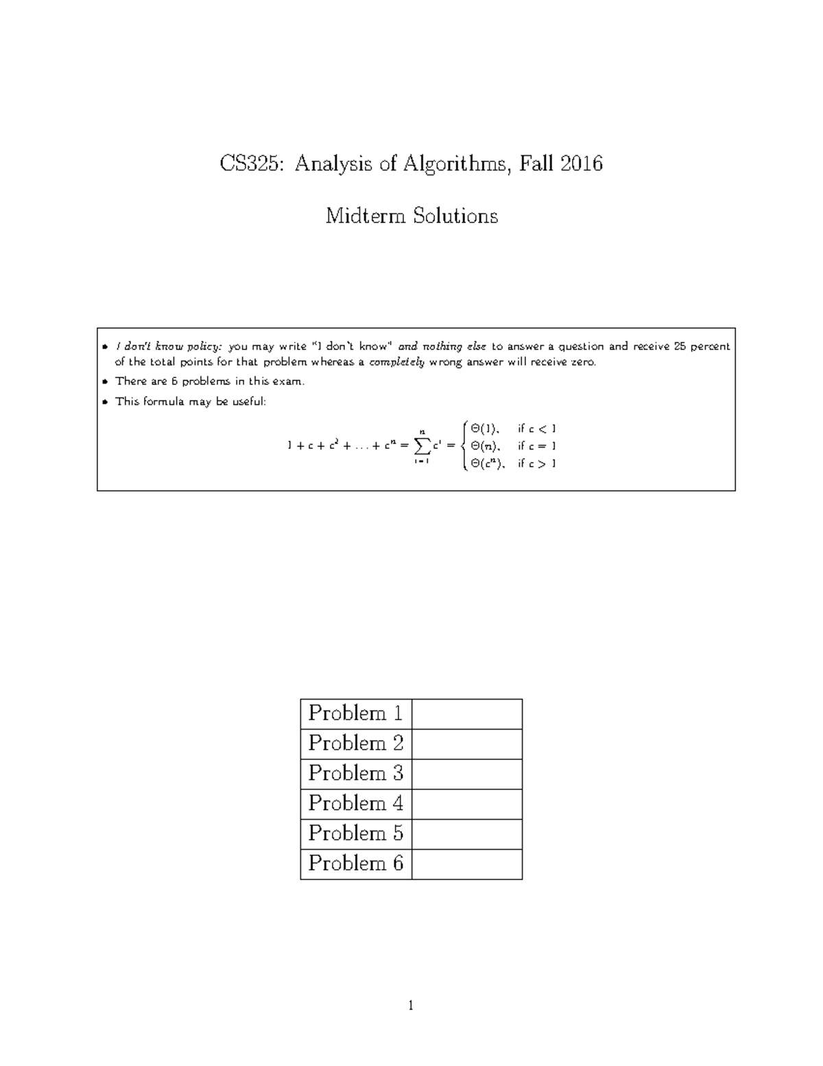 CS325 Midterm Exam Solutions - Analysis of Algorithms, Fall 2016 - Studocu