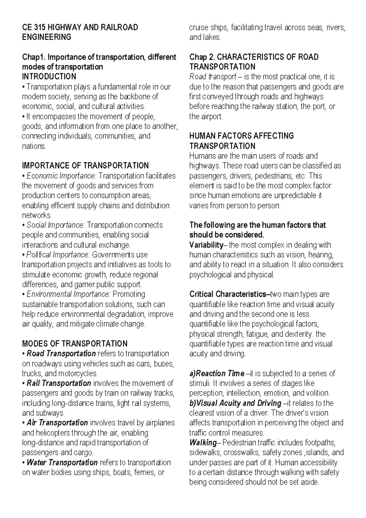 CE 315 Final Exam Reviewer: Key Concepts in Transportation Engineering ...