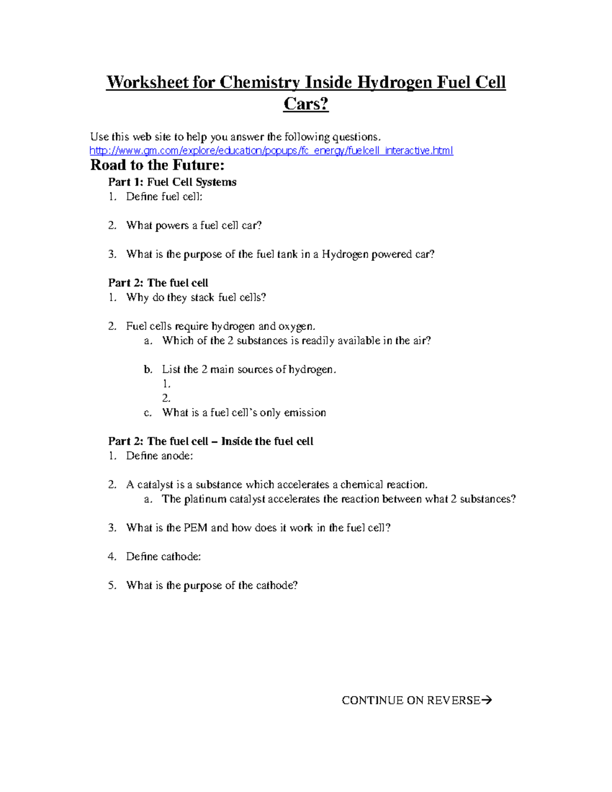 Hydrogen Fuel Cells Worksheet