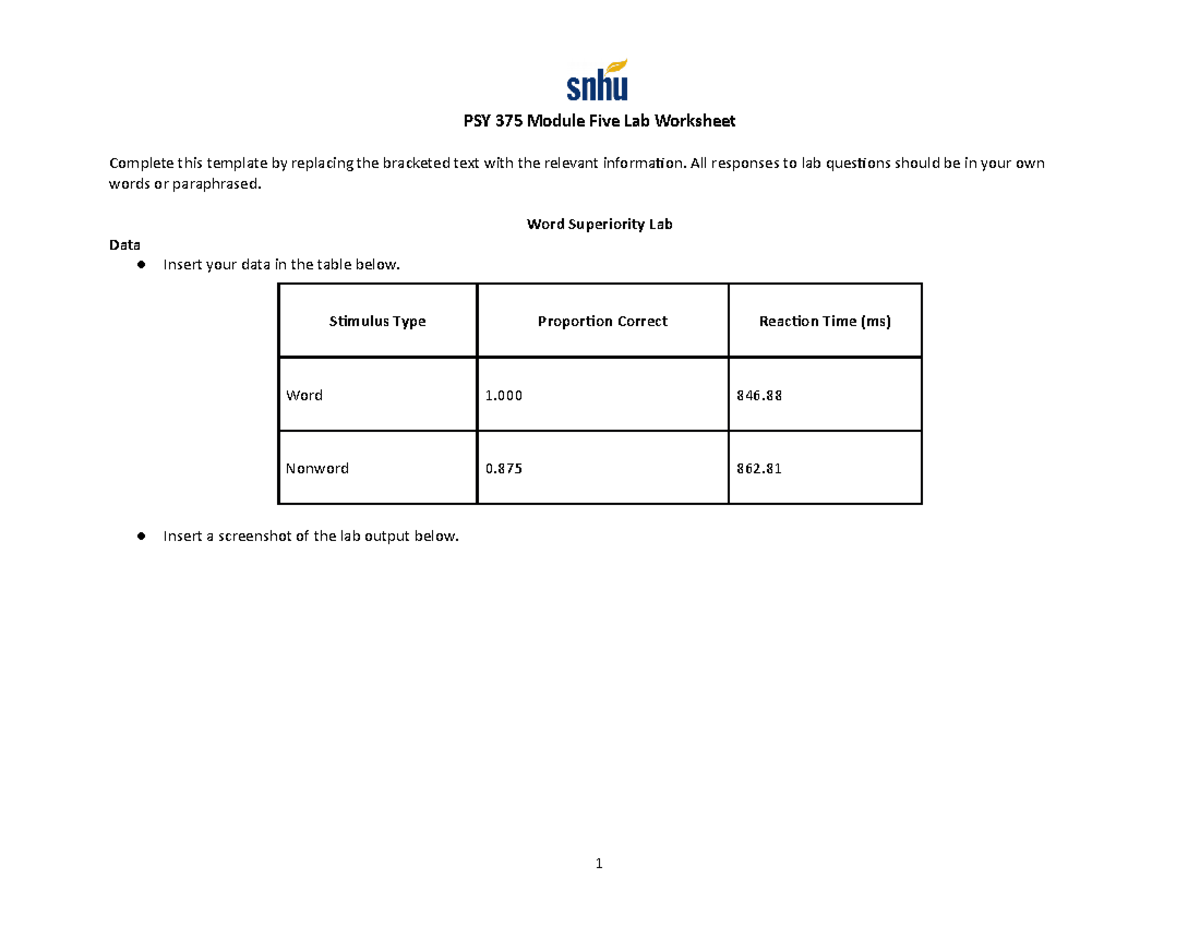Module Five Lab Worksheet - PSY 375 Module Five Lab Worksheet Complete ...