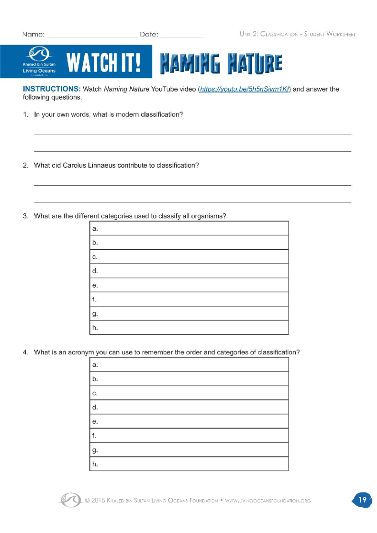 Living Oceans Foundation Unit 2 Classification Worksheet (21-22) - Studocu
