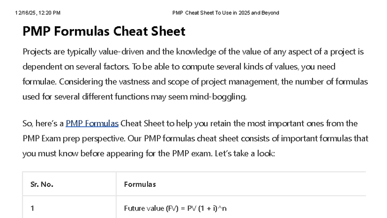 PMP Formulas Cheat Sheet for 2025 Exam Preparation - Studocu