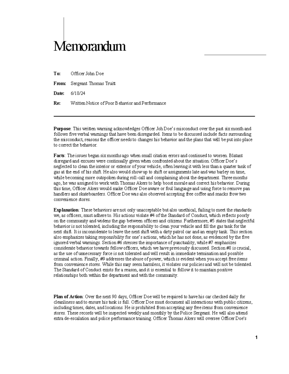 Personnel Action Memo: Officer John Doe's Behavior Warning - Studocu