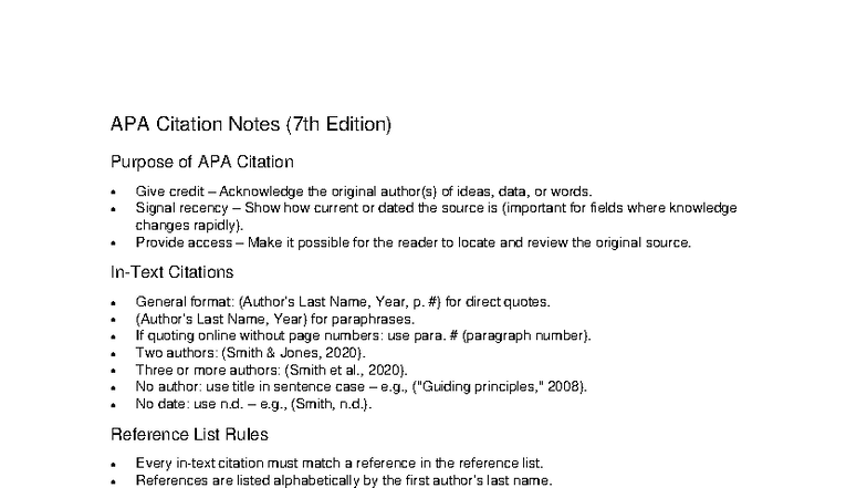 APA Citation Notes (7th Ed) - Cheat Sheet for Students - Studocu