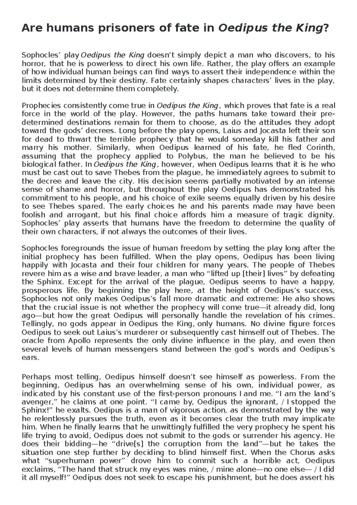ENG 101: Essay on Human Freedom and Fate in Oedipus the King - Studocu