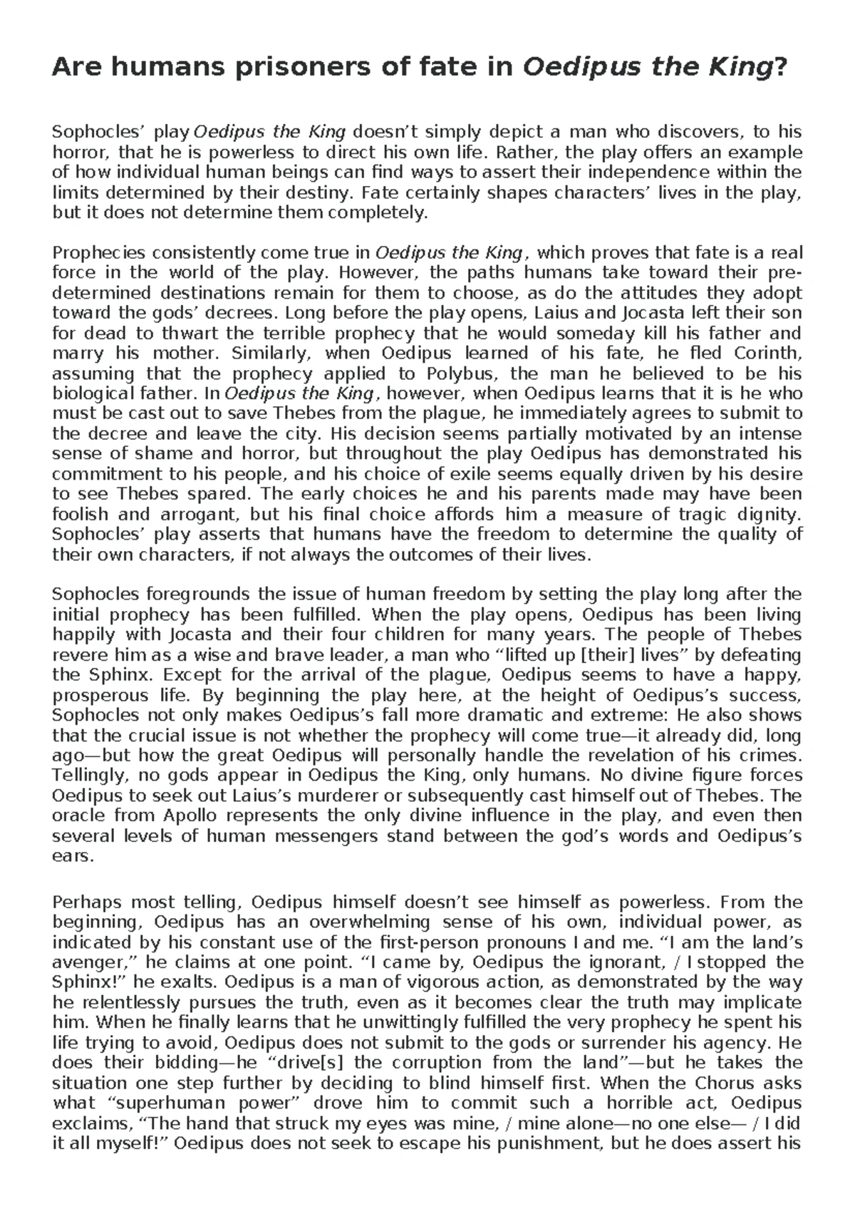 ENG 101: Essay on Human Freedom and Fate in Oedipus the King - Studocu