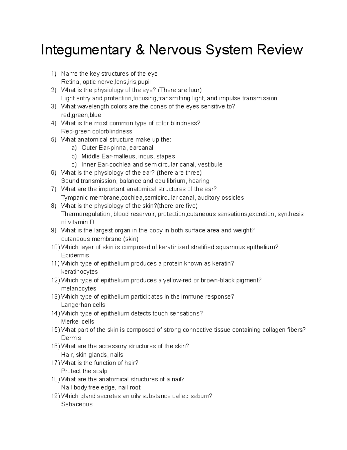 Integumentary & Nervous System Review for Quiz 2 - 10234976 - Studocu