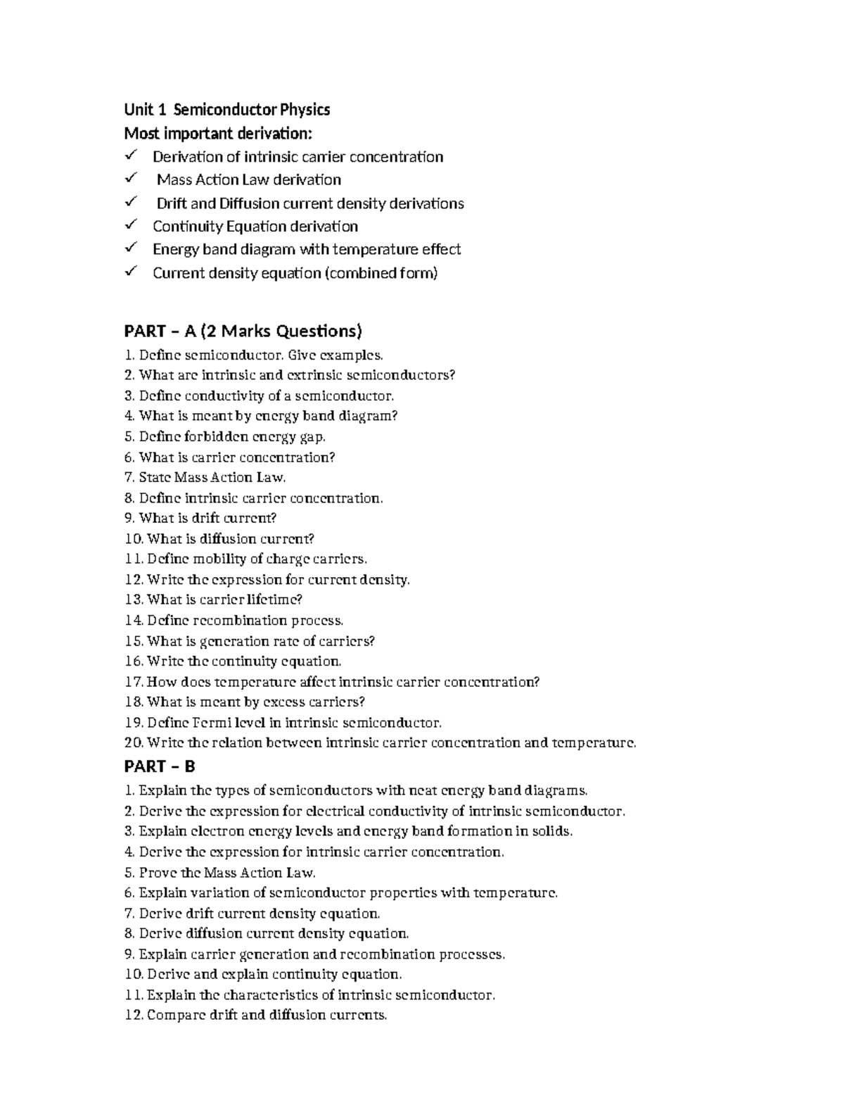 Unit 1 Semiconductor Physics: Key Derivations & Important Questions ...