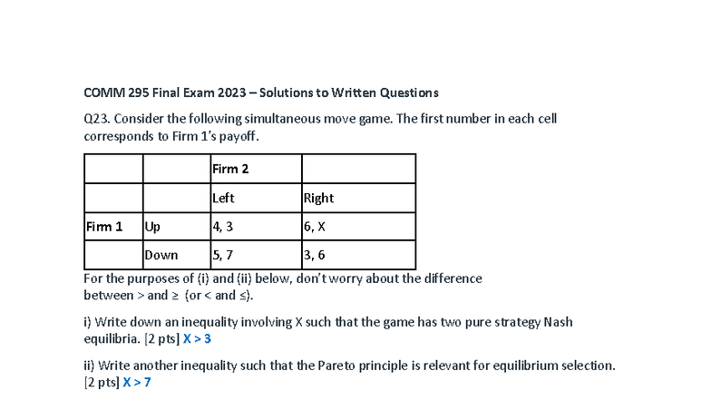 COMM 295 Final Exam 2023: Solutions to Game Theory Questions - Studocu