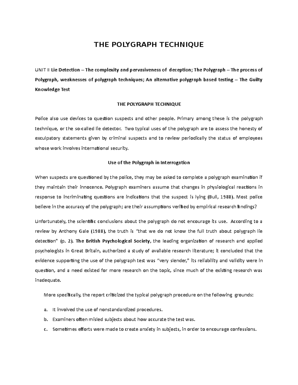 Notes on Polygraph Techniques and Their Effectiveness in Lie Detection ...